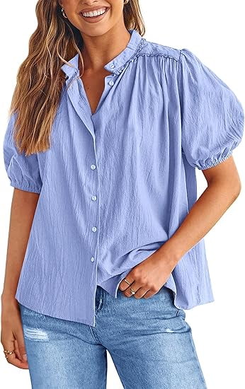 PRETTYGARDEN Women's Summer Button Down Shirts Short Lantern Sleeve V ...