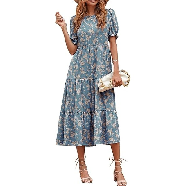 PRETTYGARDEN Women's Summer Casual Boho Dress Floral Print Ruffle Puff Short Sleeve Flowy Midi ...