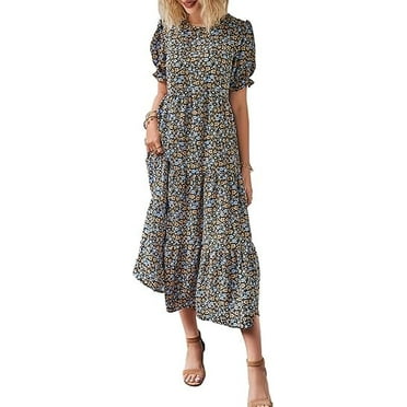 PRETTYGARDEN Women's Summer Floral Midi Dress Cap Sleeve V Neck Ruffle ...
