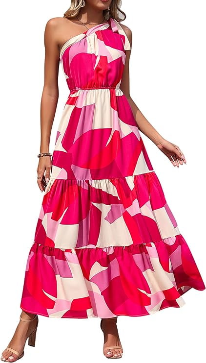 PRETTYGARDEN Women's Summer Floral One Shoulder Maxi Dress Knot Ruffle ...