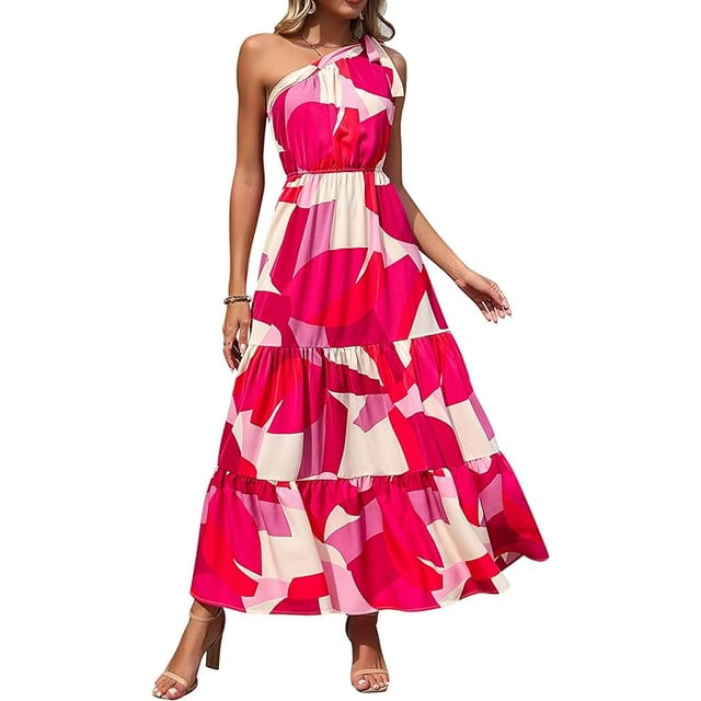 PRETTYGARDEN Women's Summer Floral Maxi Dress Knot One Shoulder Sleeveless Ruffle Flowy Boho ...