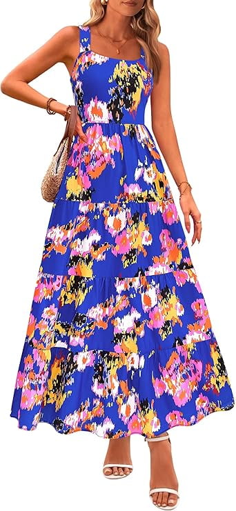 PRETTYGARDEN Women's Summer Floral Maxi Dress Sleeveless Smocked Ruffle ...