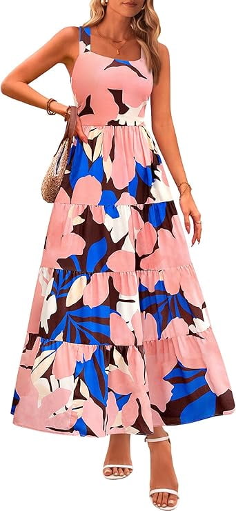 PRETTYGARDEN Women's Summer Floral Maxi Dress Sleeveless Smocked Ruffle ...