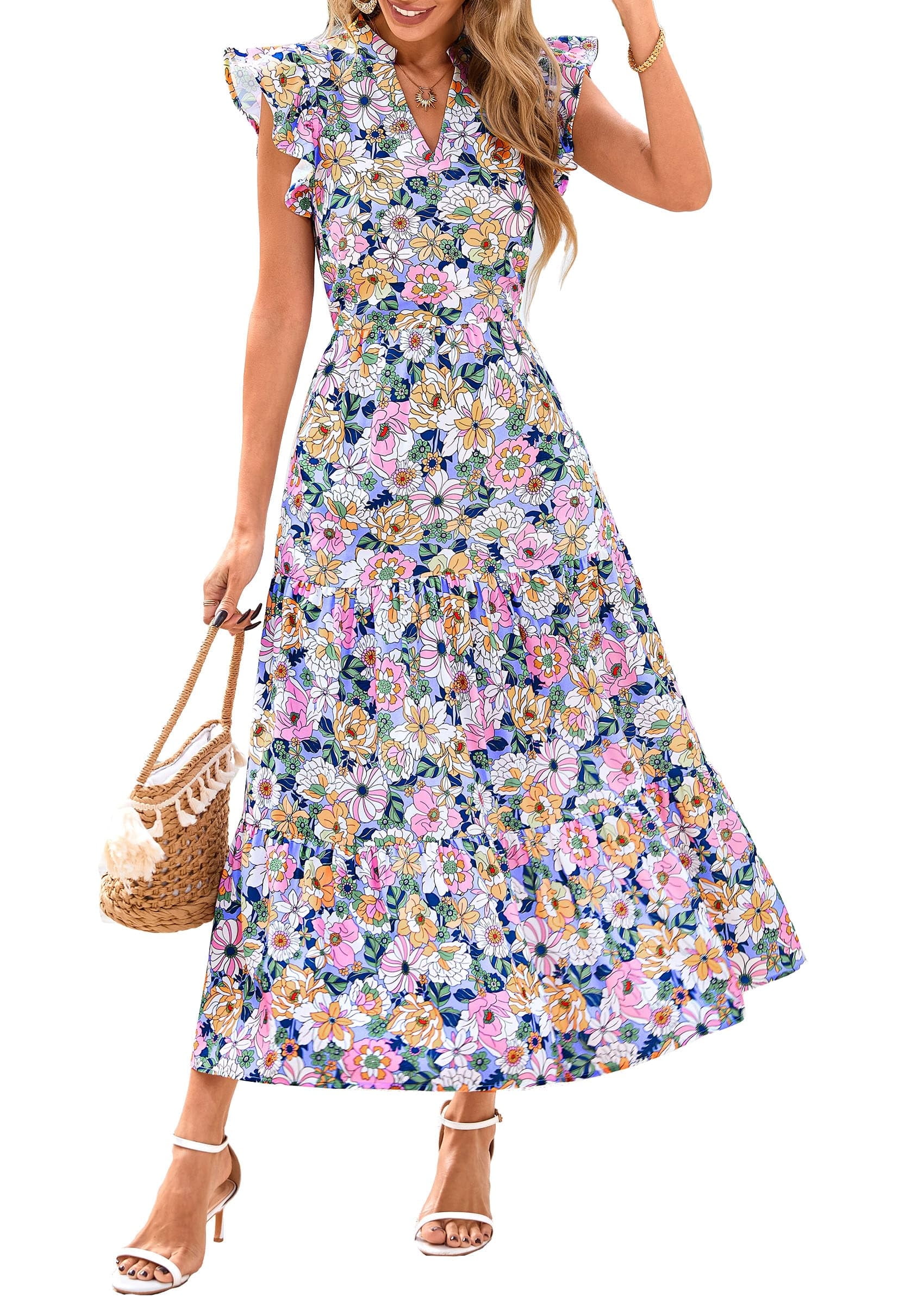 PRETTYGARDEN Women's Summer Floral Midi Dress, Cap Sleeve V Neck ...