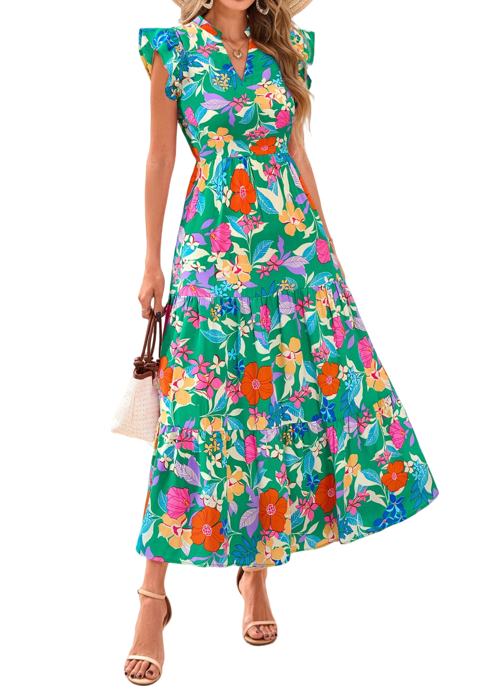 PRETTYGARDEN Women's Summer Floral Midi Dress Cap Sleeve V Neck Ruffle ...