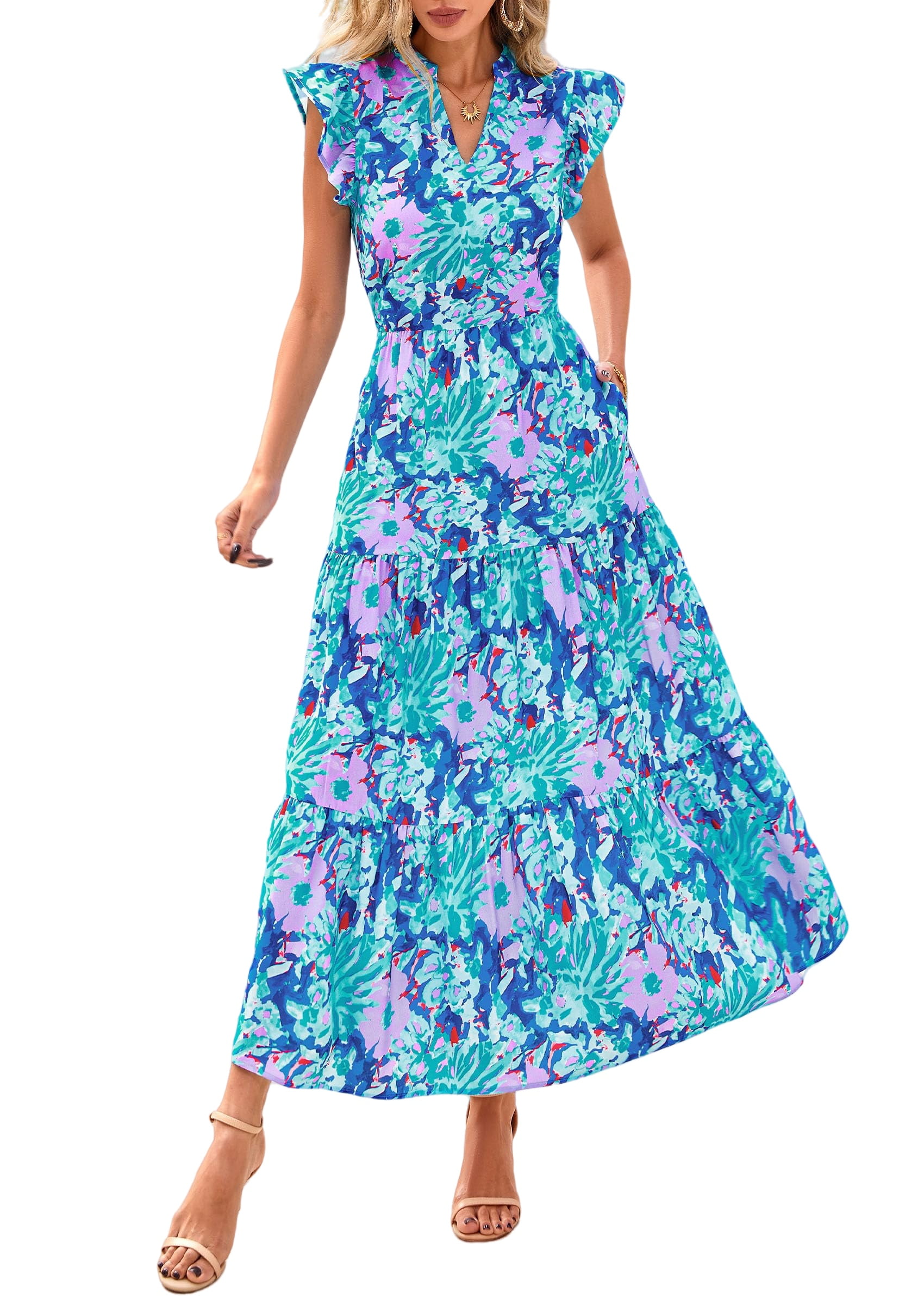 PRETTYGARDEN Women's Summer Floral Midi Dress Cap Sleeve V Neck Ruffle ...