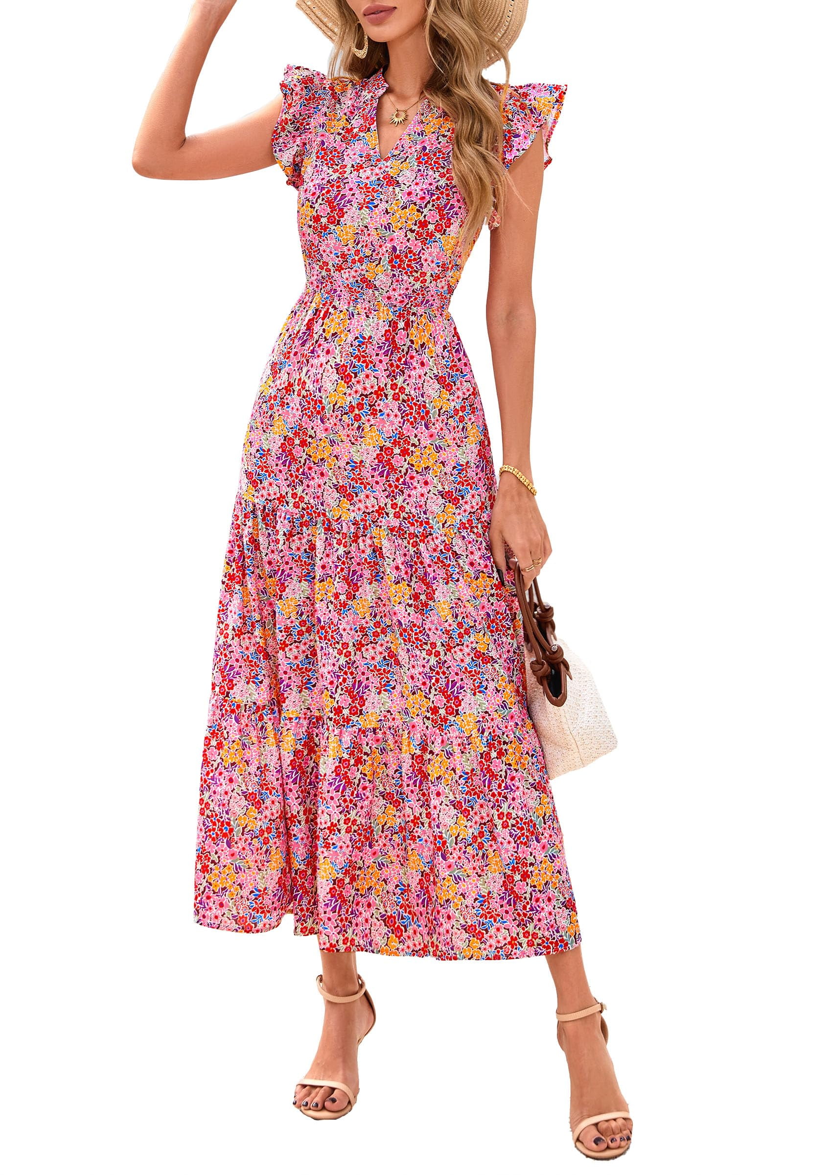 PRETTYGARDEN Women's Summer Floral Midi Dress Cap Sleeve V Neck Ruffle ...