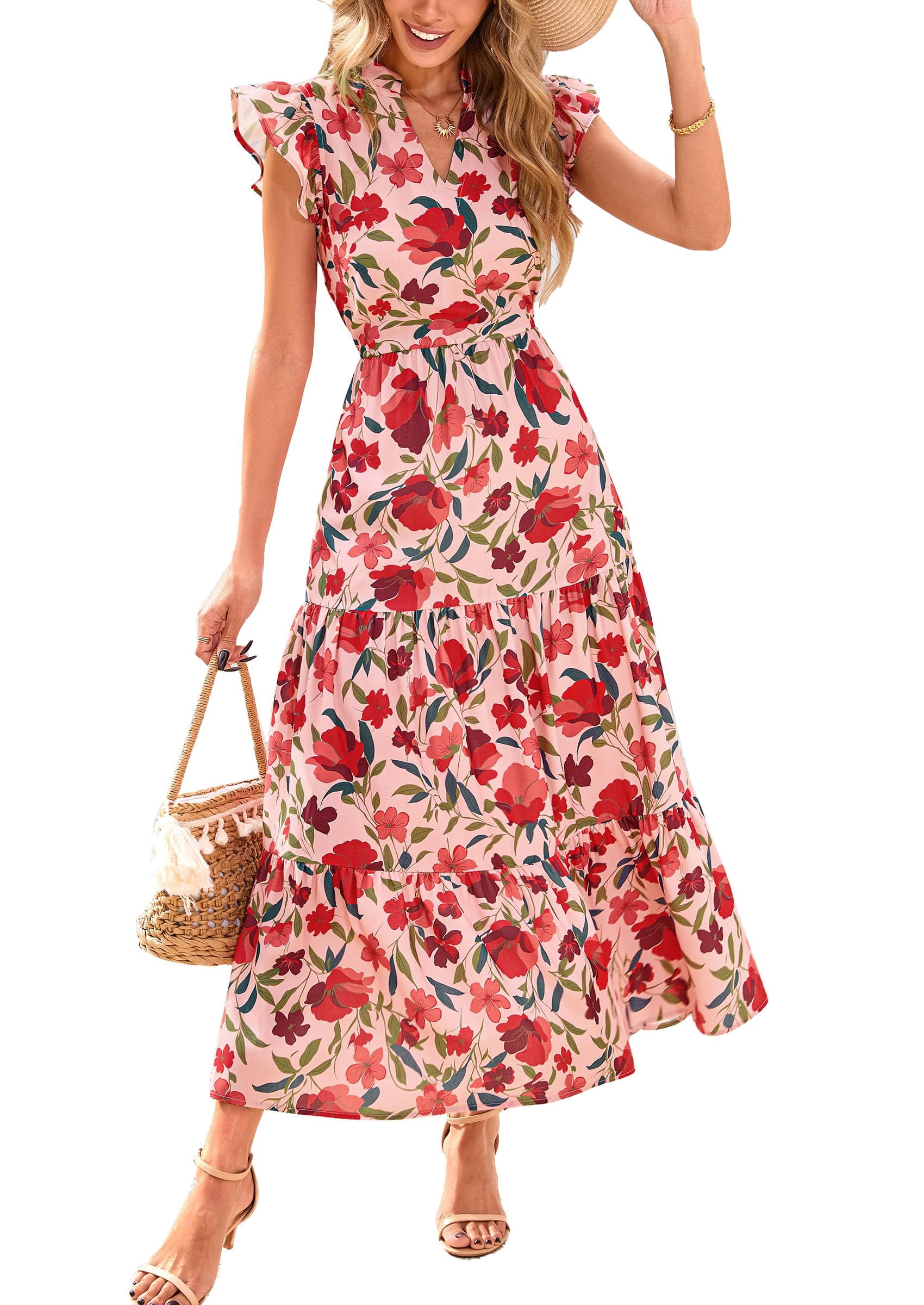 PRETTYGARDEN Women's Summer Floral Midi Dress Cap Sleeve V Neck Ruffle ...