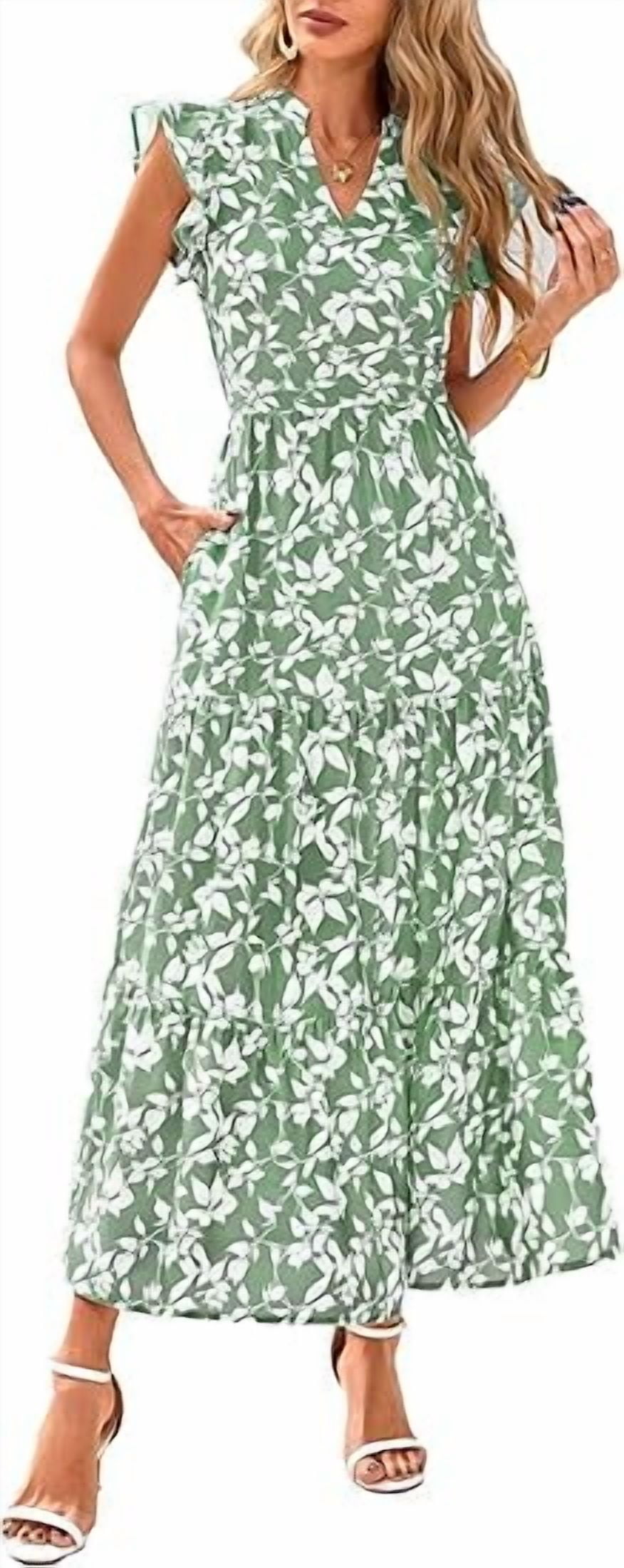 PRETTYGARDEN Women's Summer Floral Midi Dress Cap Sleeve V Neck Ruffle ...