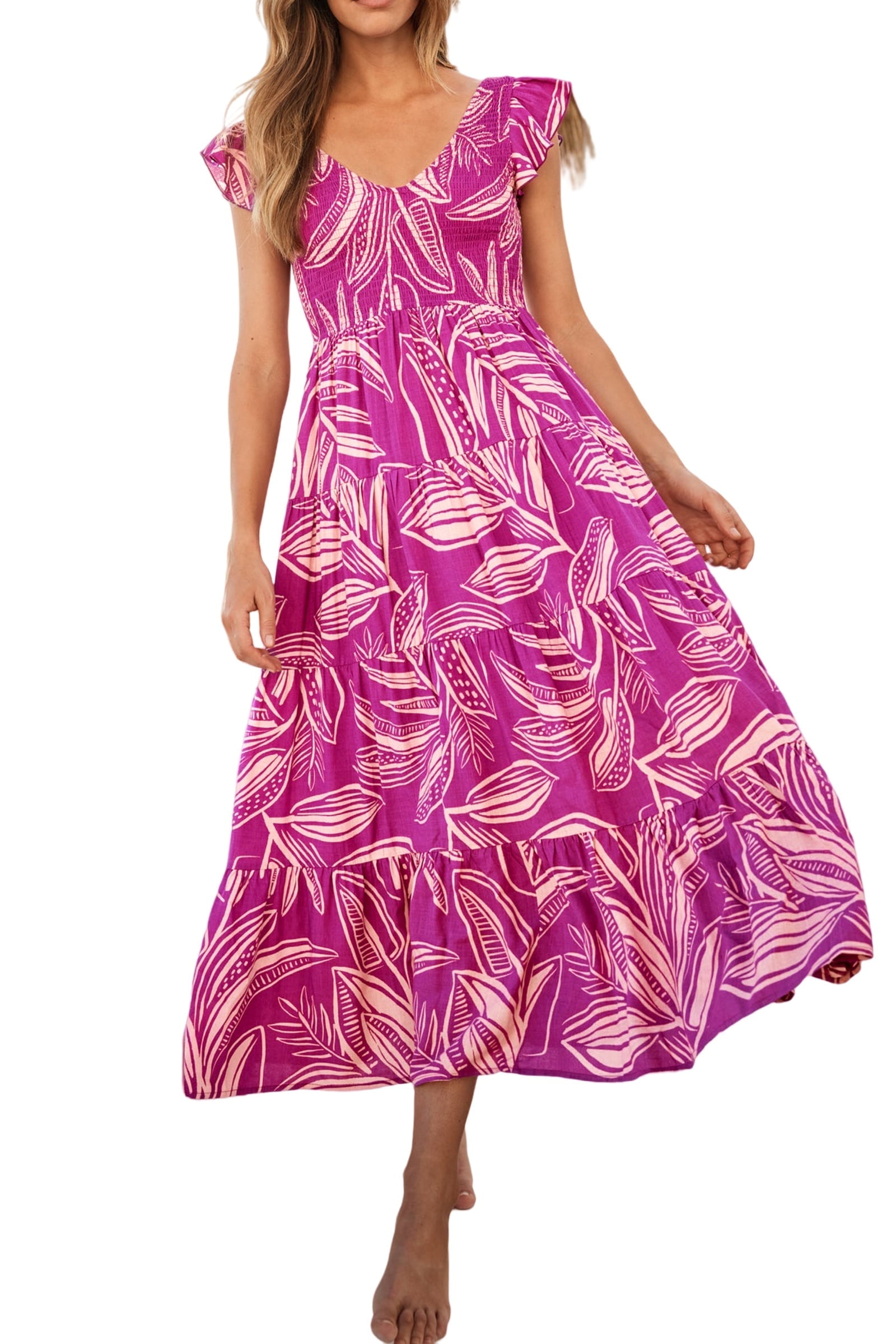 PRETTYGARDEN Women's Summer Flowy Maxi Dress Casual Cap Sleeve V Neck ...