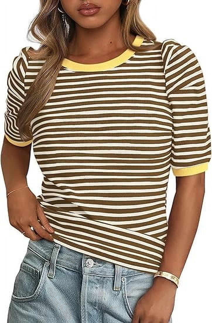PRETTYGARDEN Women's Summer Puff Sleeve Crop Top Ribbed Color Block ...