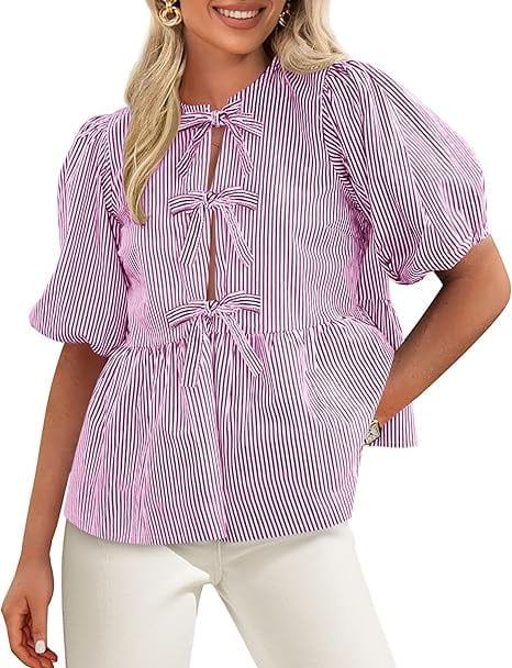 PRETTYGARDEN Women's Summer Tie Front Striped Shirt 2025 Trendy Cute Babydoll Tops Fashion ...