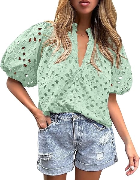PRETTYGARDEN Women's Summer Tops Dressy Casual Short Lantern Sleeve V ...
