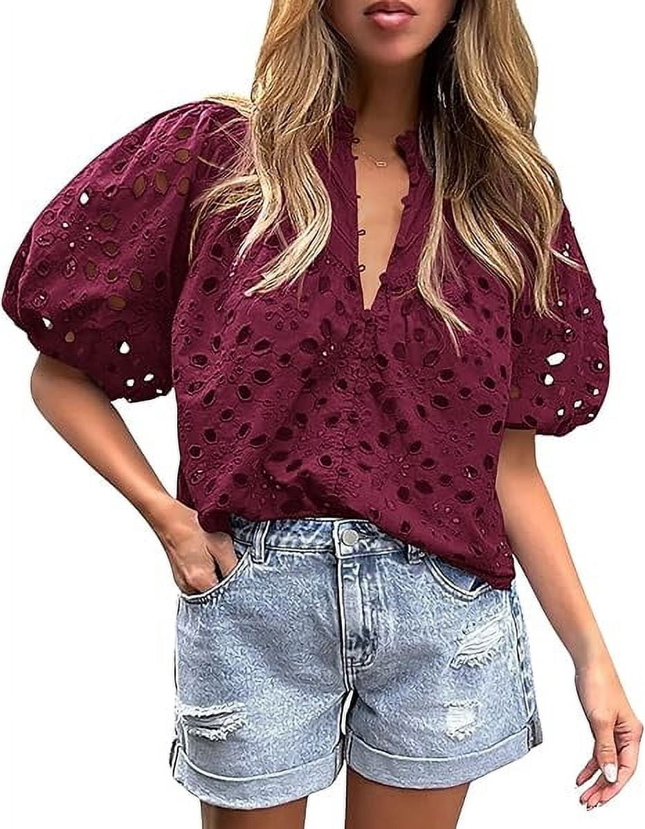 PRETTYGARDEN Women's Summer Tops Dressy Casual Short Lantern Sleeve V ...