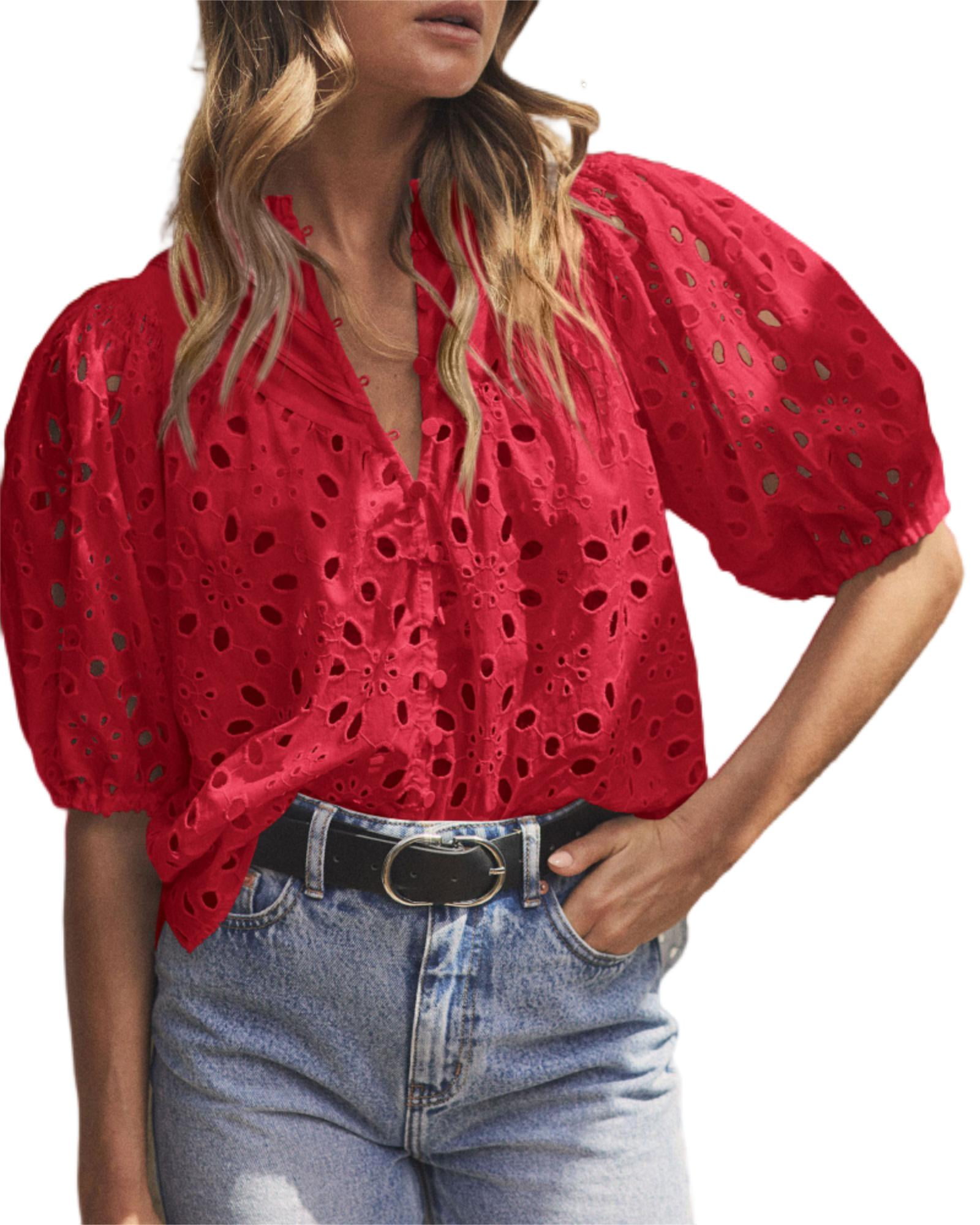 PRETTYGARDEN Women's Summer Tops, Lace Embroidered Blouses, V Neck ...