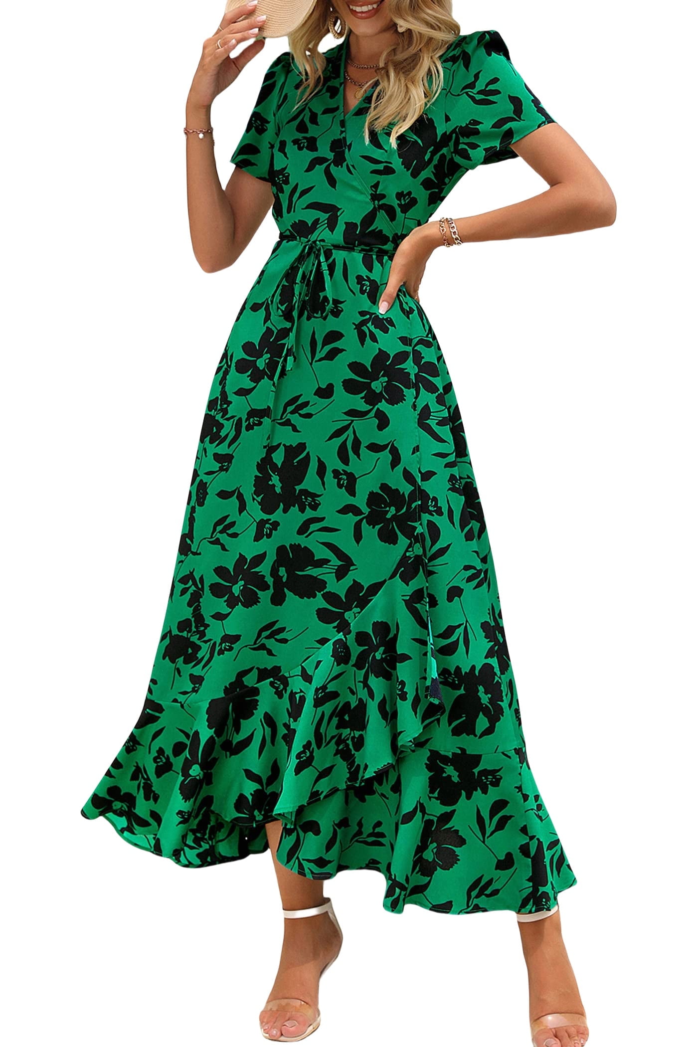 PRETTYGARDEN Women's Summer Wrap Maxi Dress Casual Boho Floral V Neck ...