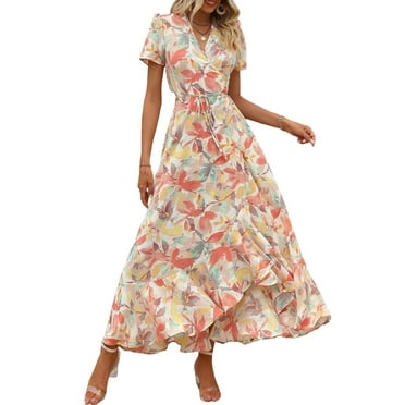 PRETTYGARDEN Women's Summer Floral Midi Dress Cap Sleeve V Neck Ruffle ...