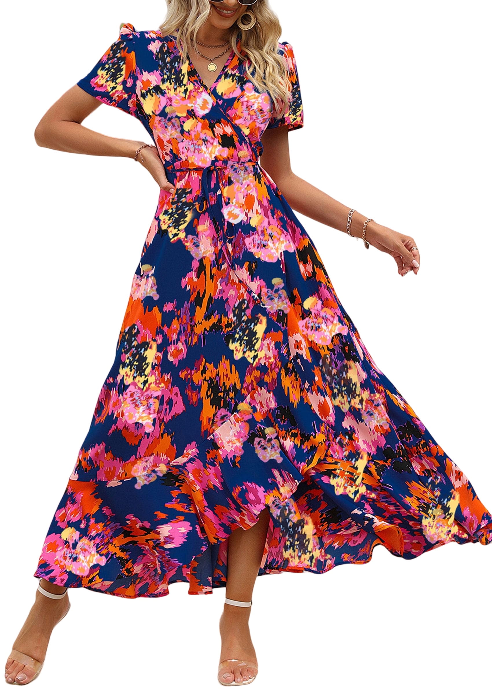 PRETTYGARDEN Women's Summer Wrap Maxi Dress Casual Boho Floral V Neck ...