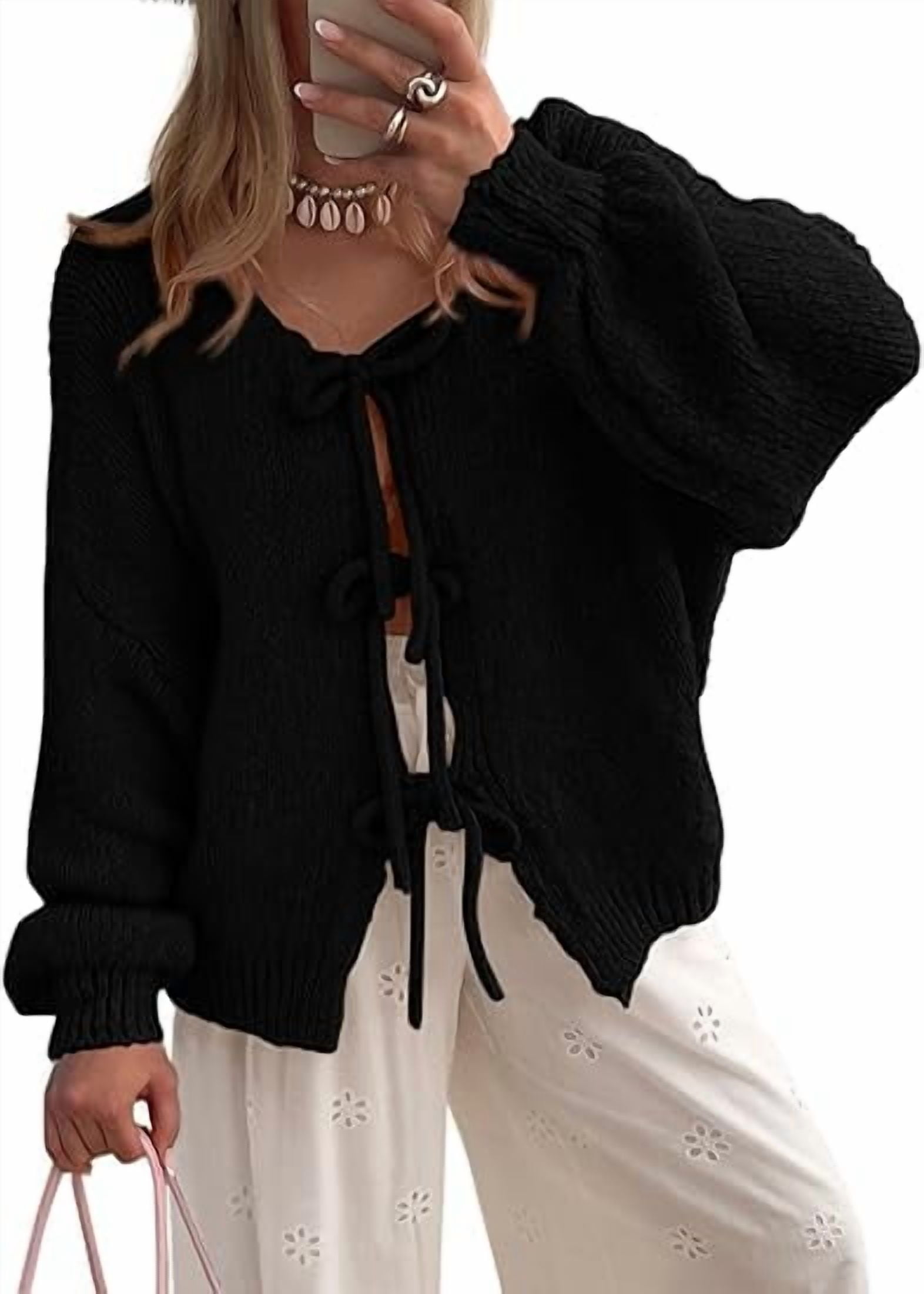 PRETTYGARDEN Women's Tie Front Bow Cardigan Sweaters Chunky Knit Long ...