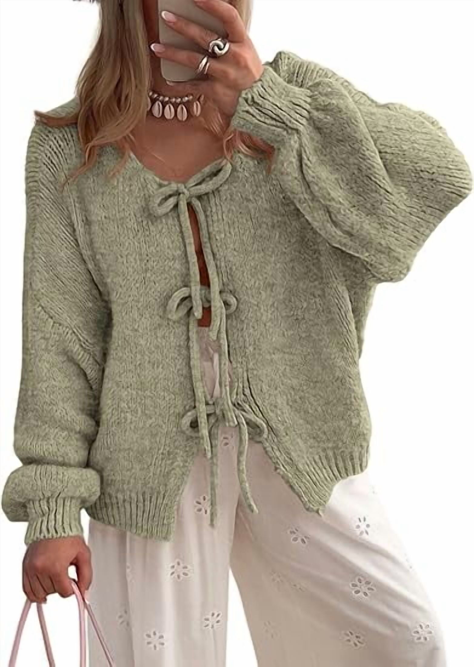 PRETTYGARDEN Women's Tie Front Bow Cardigan Sweaters Chunky Knit Long ...