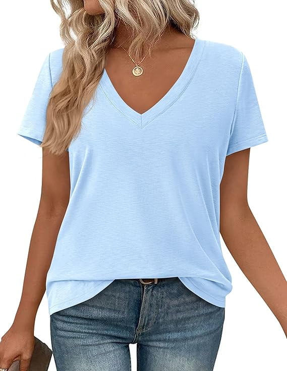 PRETTYGARDEN, Women's V Neck T Shirt, Basic Tees, Summer Short Sleeve ...