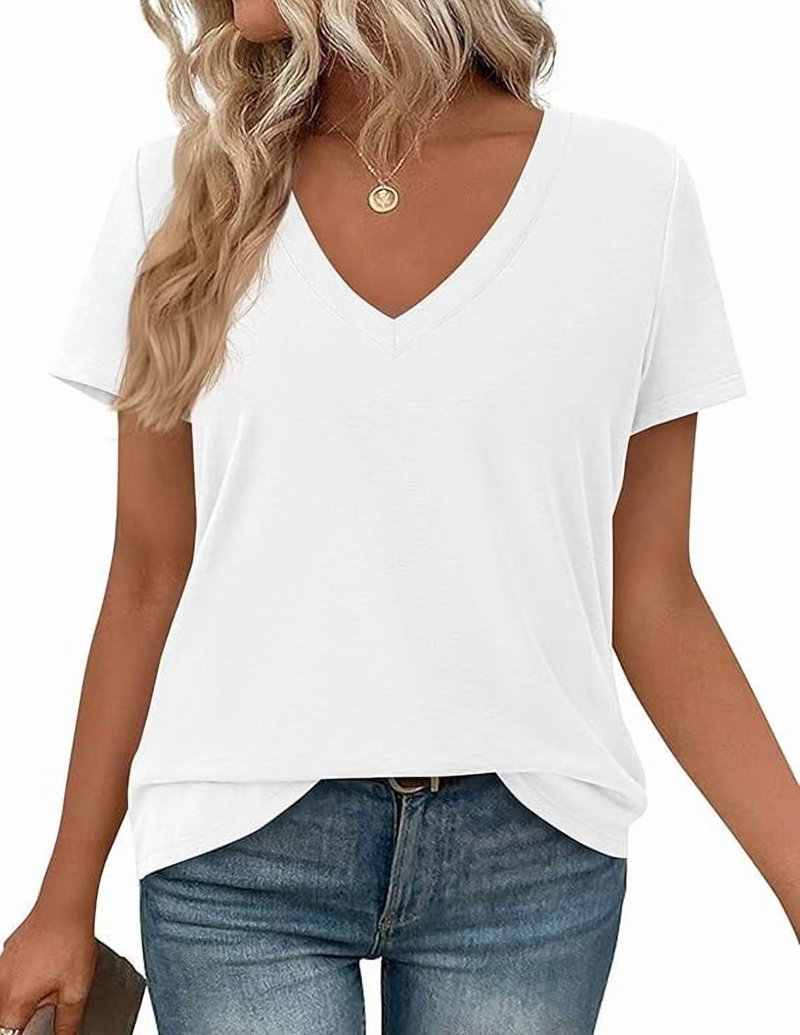 PRETTYGARDEN Women's V Neck T Shirts Summer Short Sleeve Spring Going ...