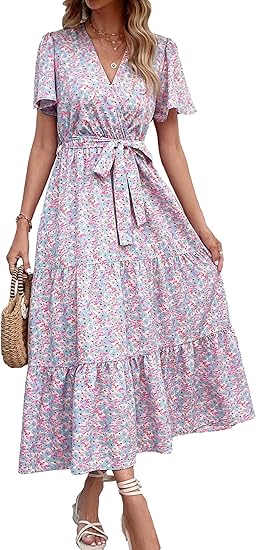 PRETTYGARDEN Womens Dresses 2025 Summer Maxi Dress Boho Short Sleeve V ...