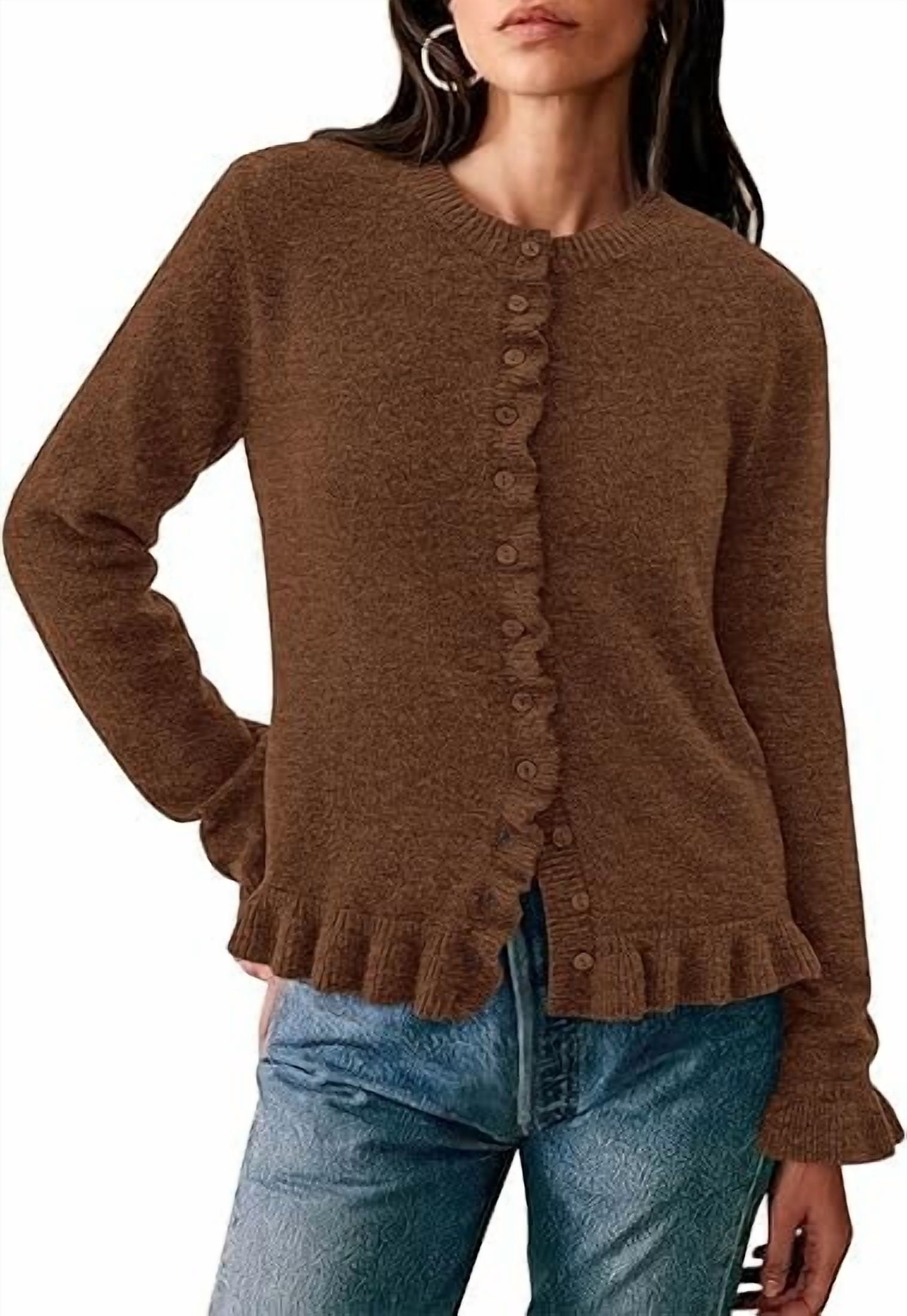 PRETTYGARDEN Womens Fall Button Down Cardigans Chunky Knit Ruffle Open ...