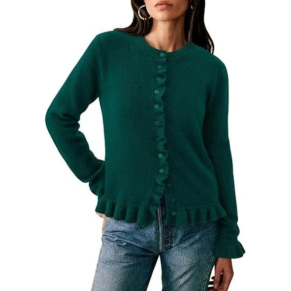 PRETTYGARDEN Womens Fall Button Down Cardigans Chunky Knit Ruffle Open ...