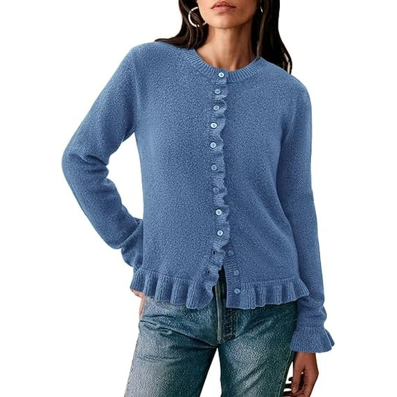 PRETTYGARDEN Womens Fall Button Down Cardigans Chunky Knit Ruffle Open ...