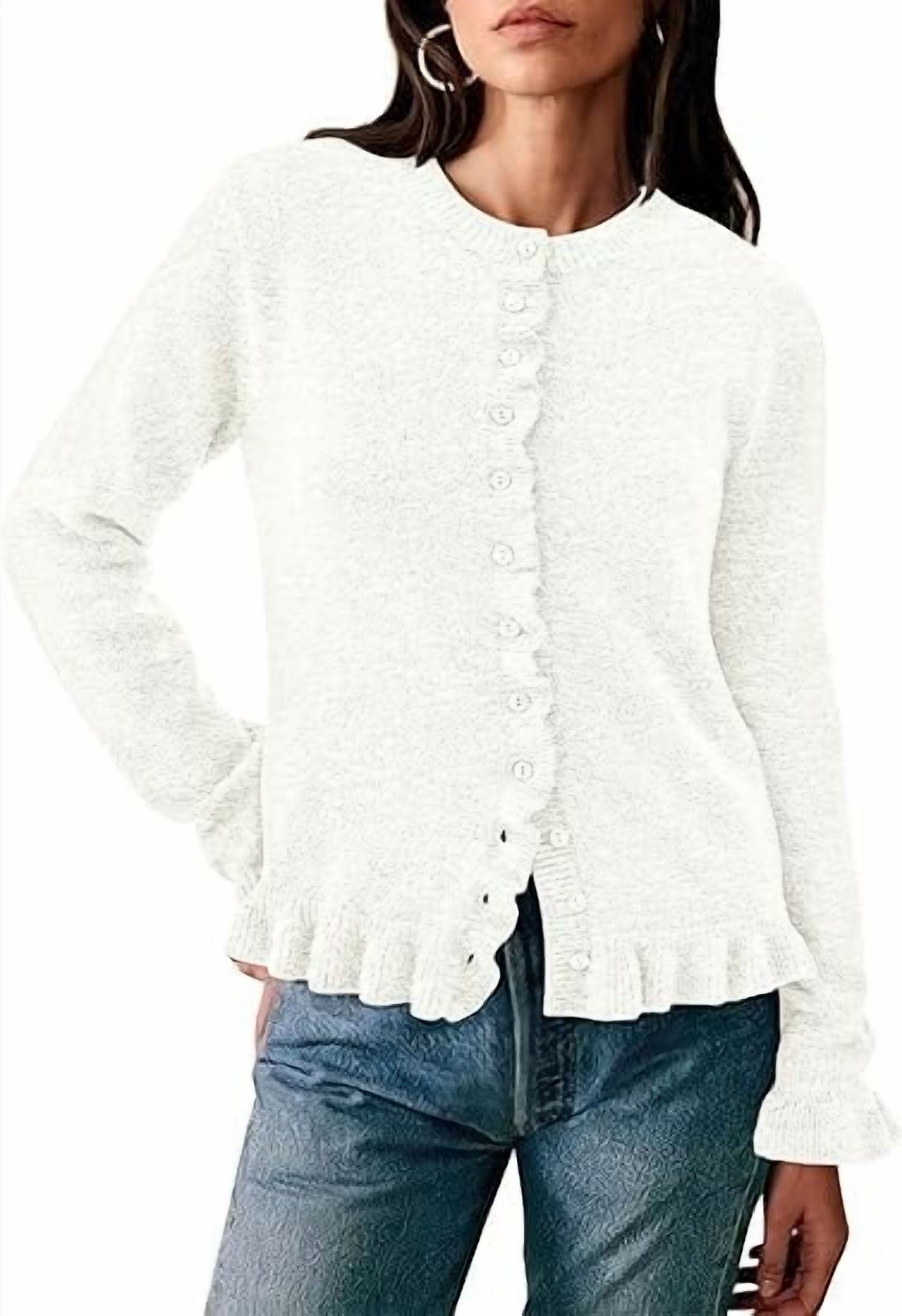 PRETTYGARDEN Womens Fall Button Down Cardigans Chunky Knit Ruffle Open ...