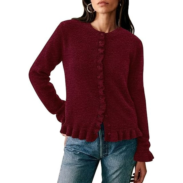 PRETTYGARDEN Womens Fall Button Down Cardigans Chunky Knit Ruffle Open ...