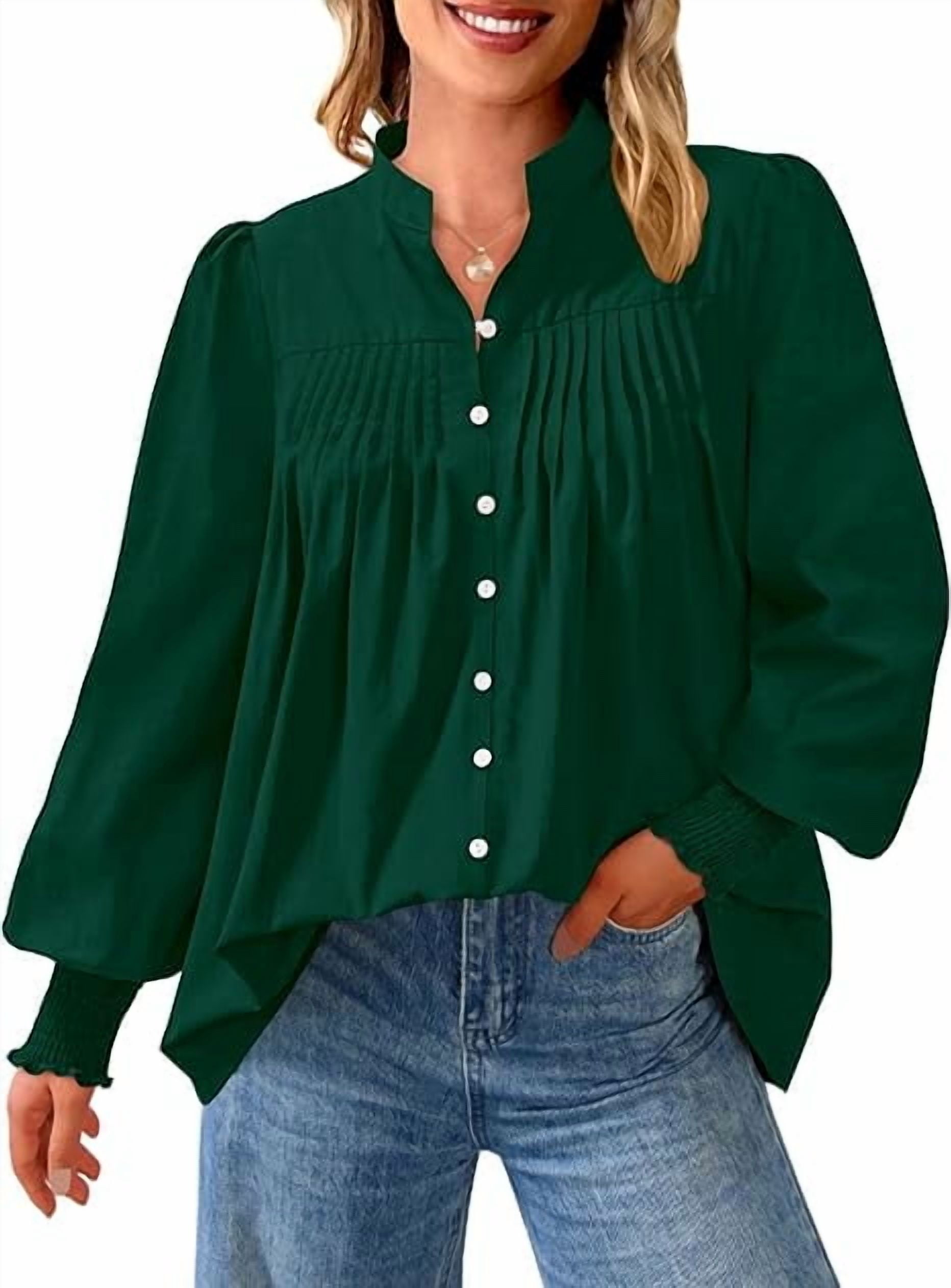 PRETTYGARDEN Womens Fall Lantern Long Sleeve Shirts Trendy Button V Neck Pleated Henley Tops ...