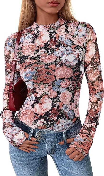 PRETTYGARDEN Womens Long Sleeve Going Out Tops Fall Mesh Floral Blouses ...