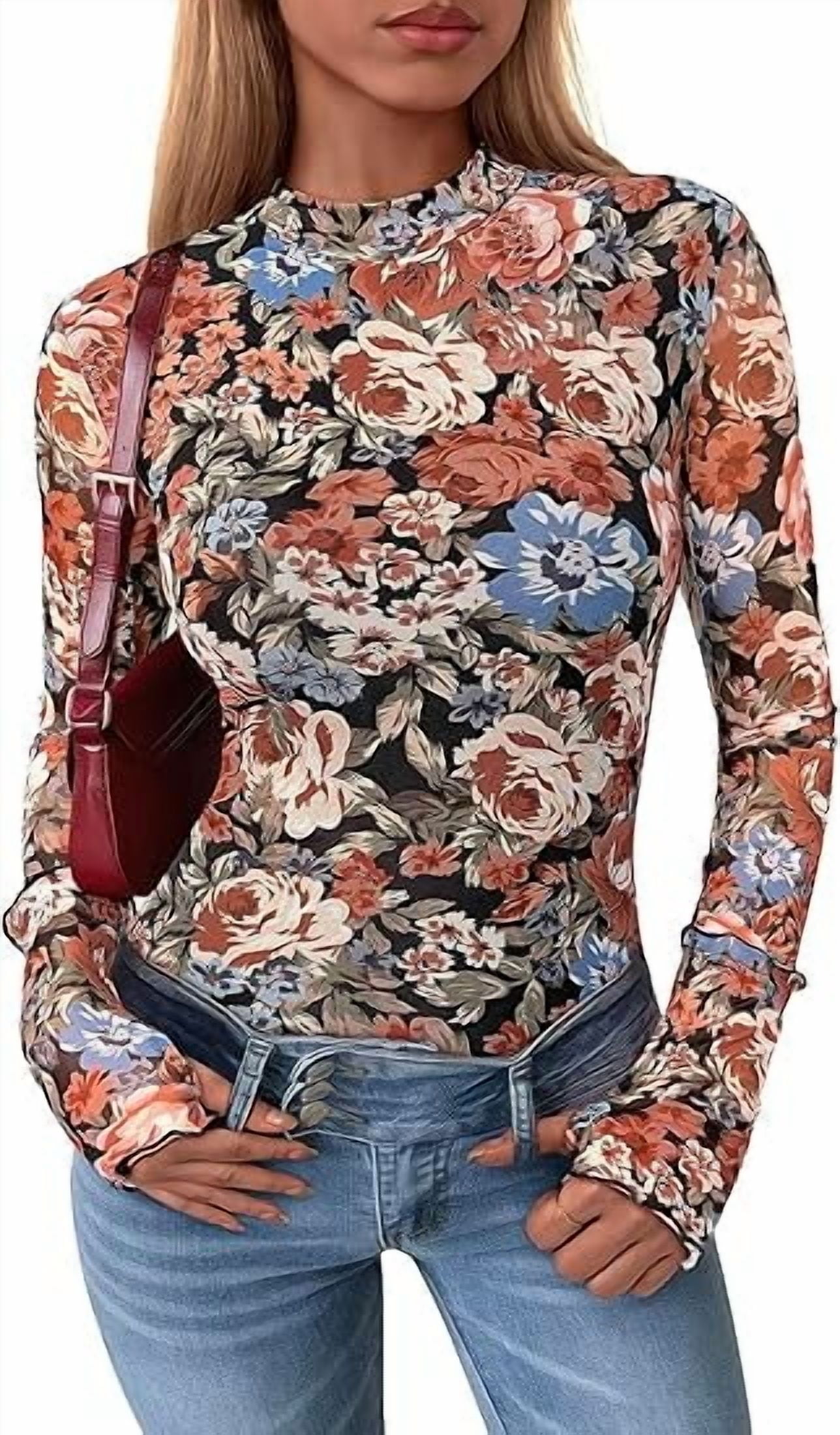 PRETTYGARDEN Womens Long Sleeve Mesh Floral Blouses for Going Out and ...