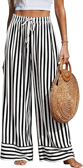 PRETTYGARDEN Womens Palazzo Pants Summer Striped Wide Leg Trousers ...