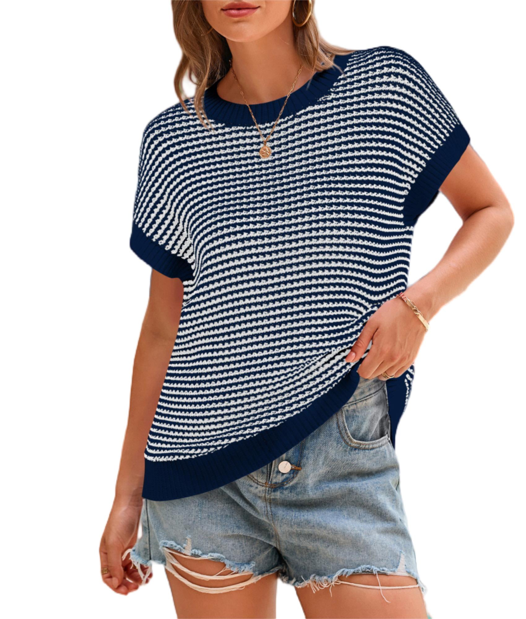 PRETTYGARDEN Womens Spring Summer Sweaters Casual Round Neck Cap Sleeve ...