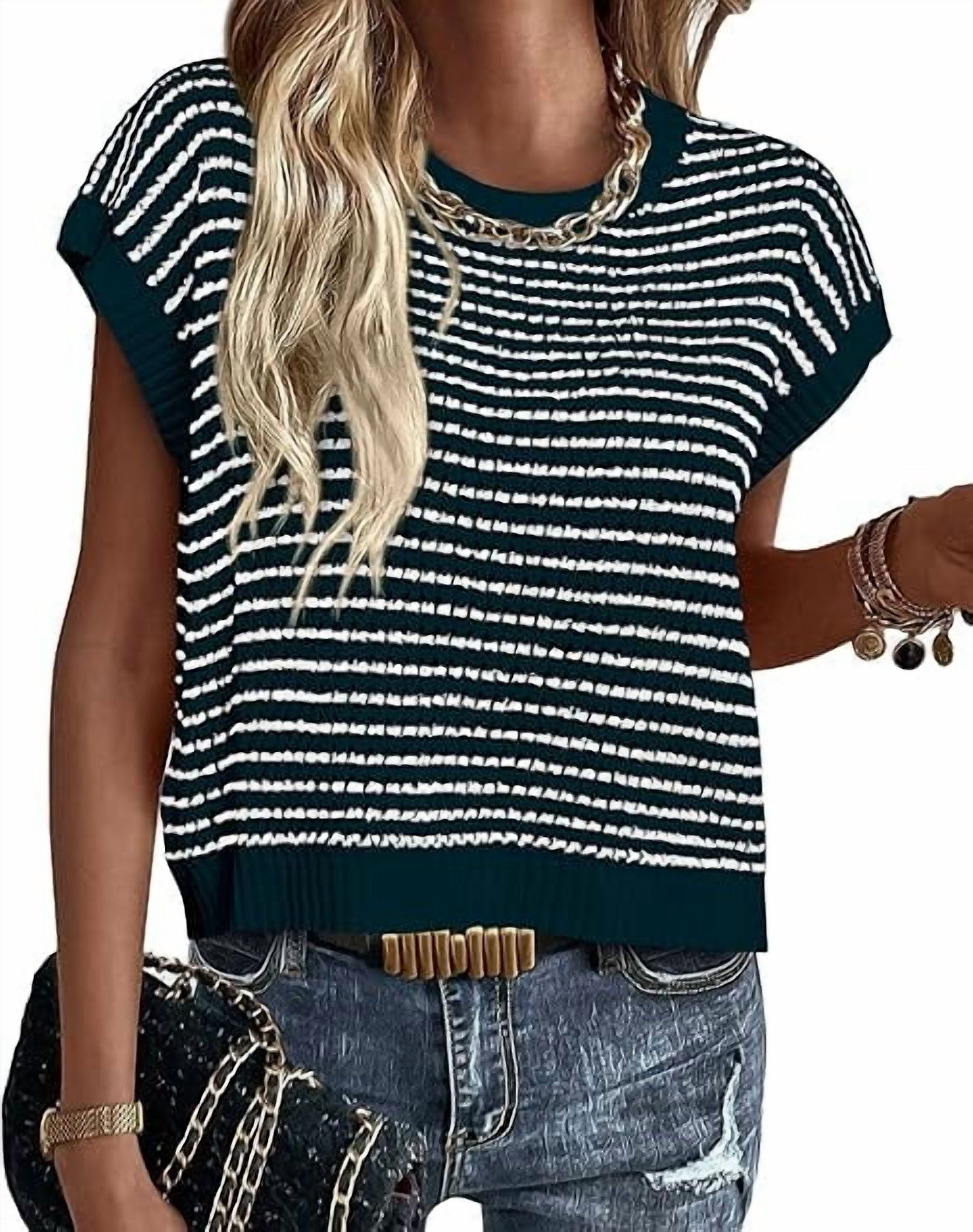 PRETTYGARDEN Womens Spring Summer Sweaters Casual Round Neck Cap Sleeve ...