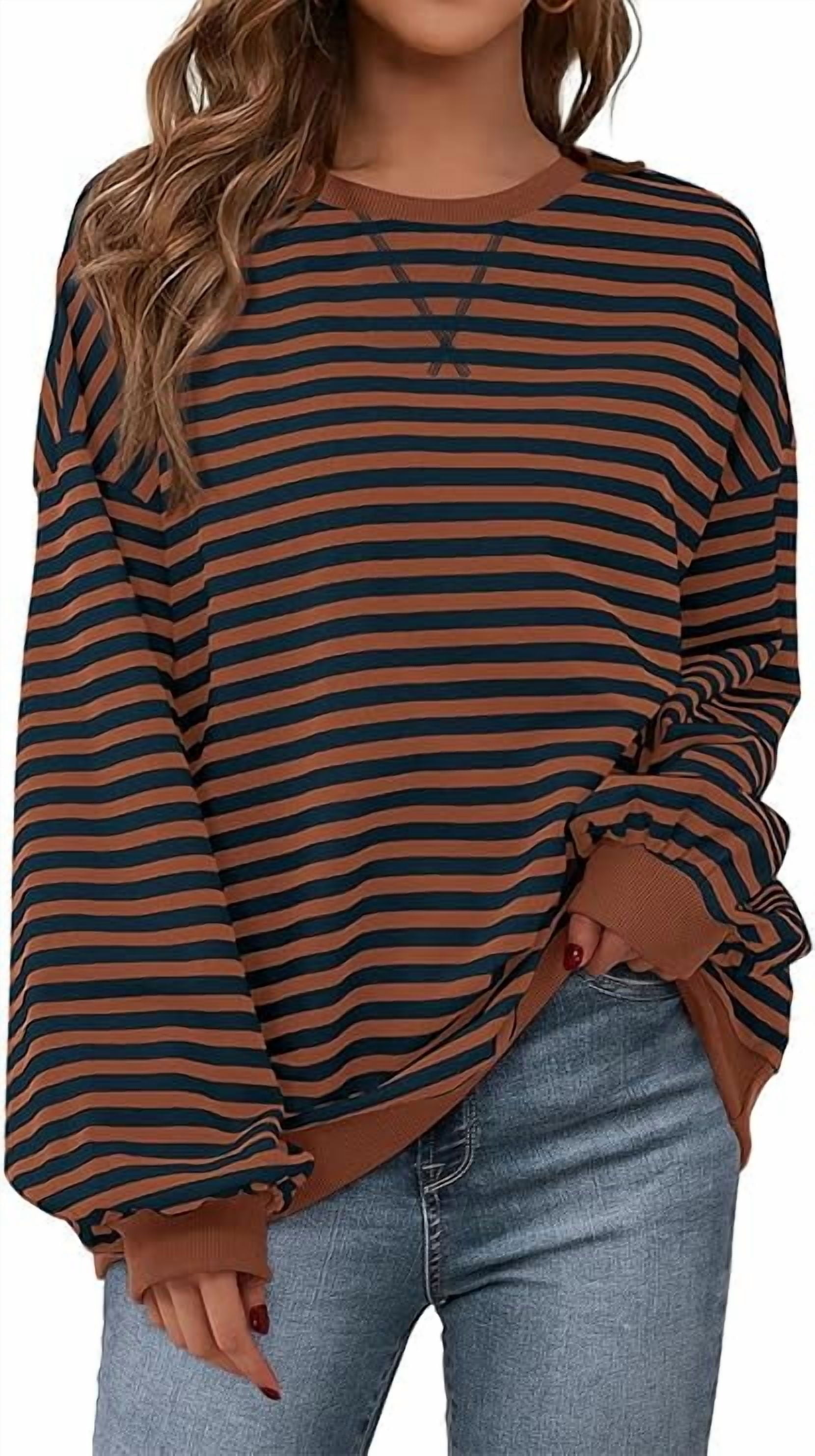 PRETTYGARDEN Womens Striped Oversized Sweatshirt Color Block Crew Neck ...