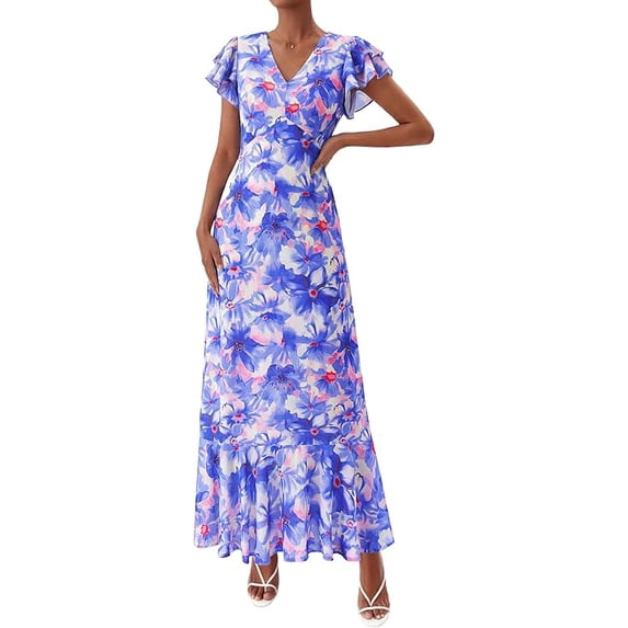 PRETTYGARDEN Womens Summer Floral Maxi Dresses Spring Short Sleeve ...