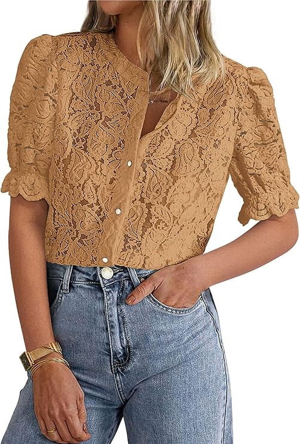 PRETTYGARDEN Womens Summer Lace Tops Short Puff Sleeve Casual Dressy ...