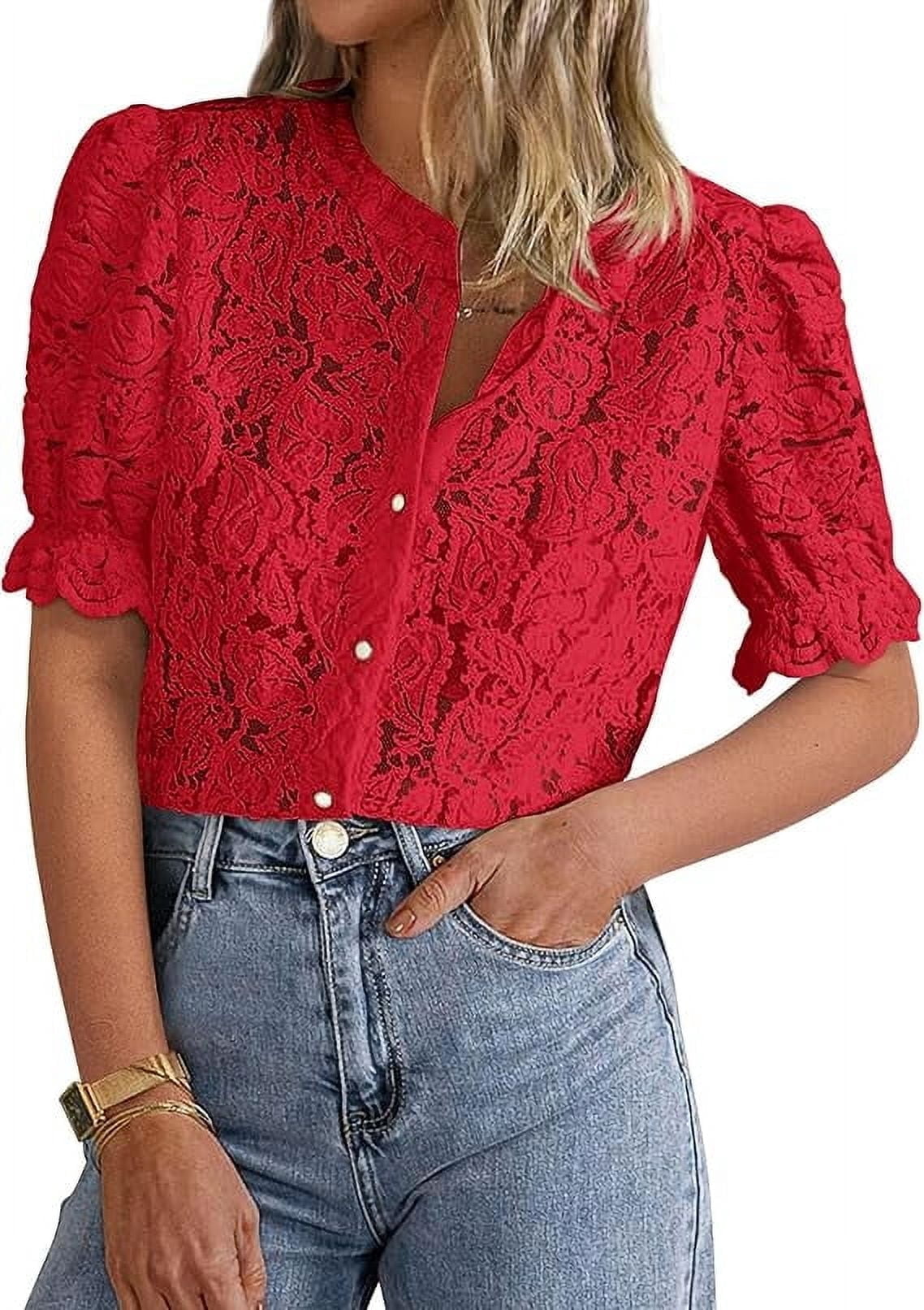 PRETTYGARDEN Womens Summer Lace Tops Short Puff Sleeve Casual Dressy ...