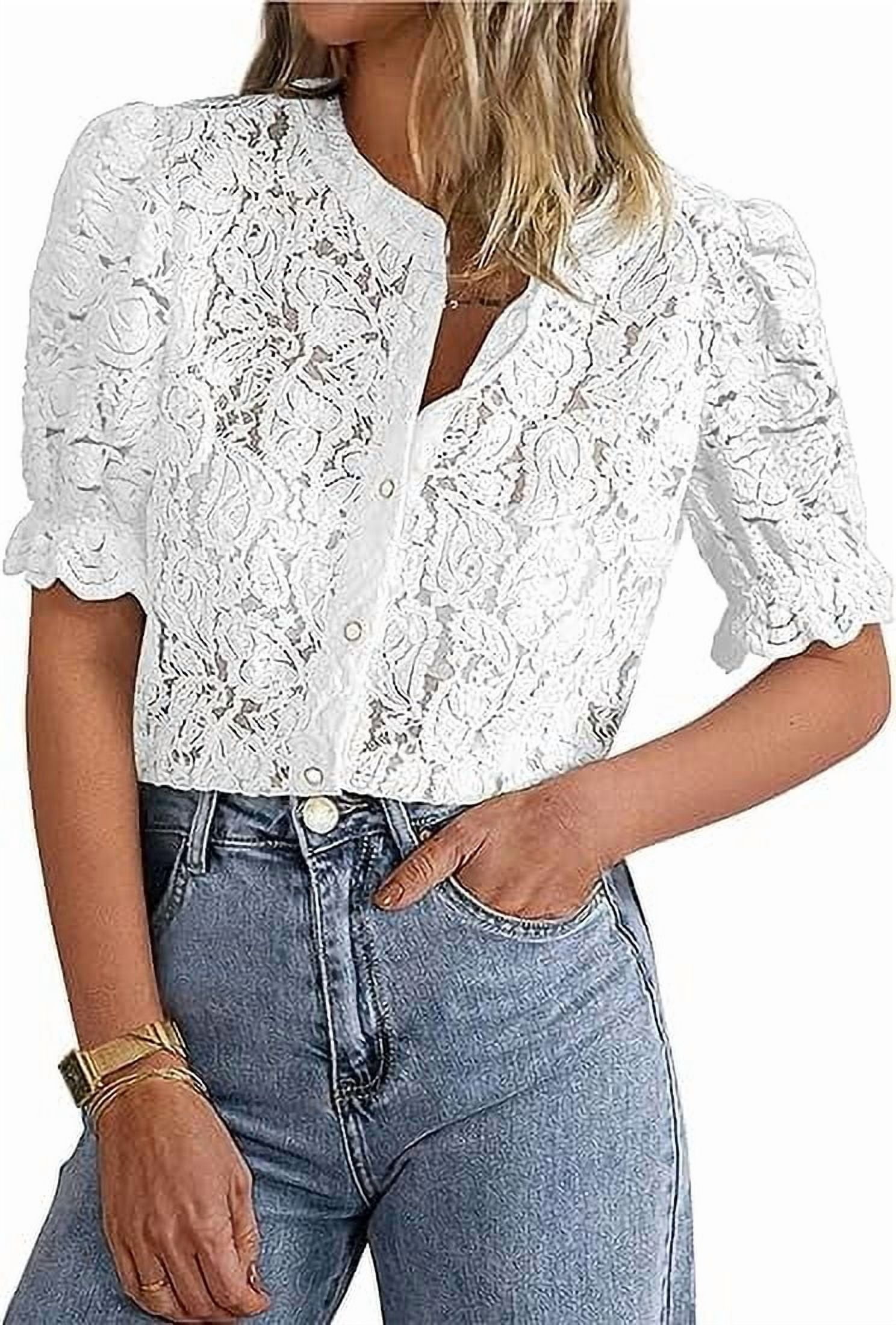 PRETTYGARDEN Womens Summer Lace Tops Short Puff Sleeve Casual Dressy ...