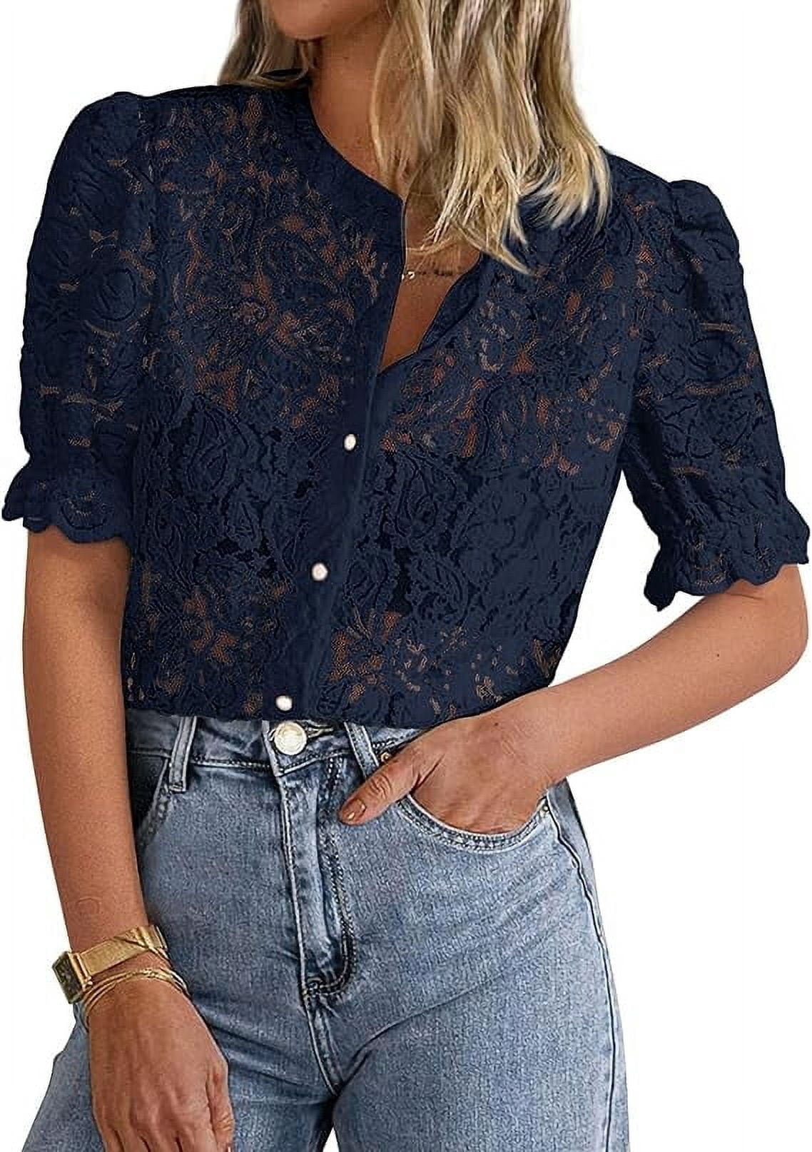 PRETTYGARDEN Womens Summer Lace Tops Short Puff Sleeve Casual Dressy ...