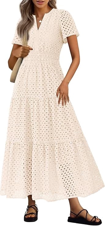 PRETTYGARDEN Womens Summer Maxi Dress Short Sleeve V Neck Hollow Out ...