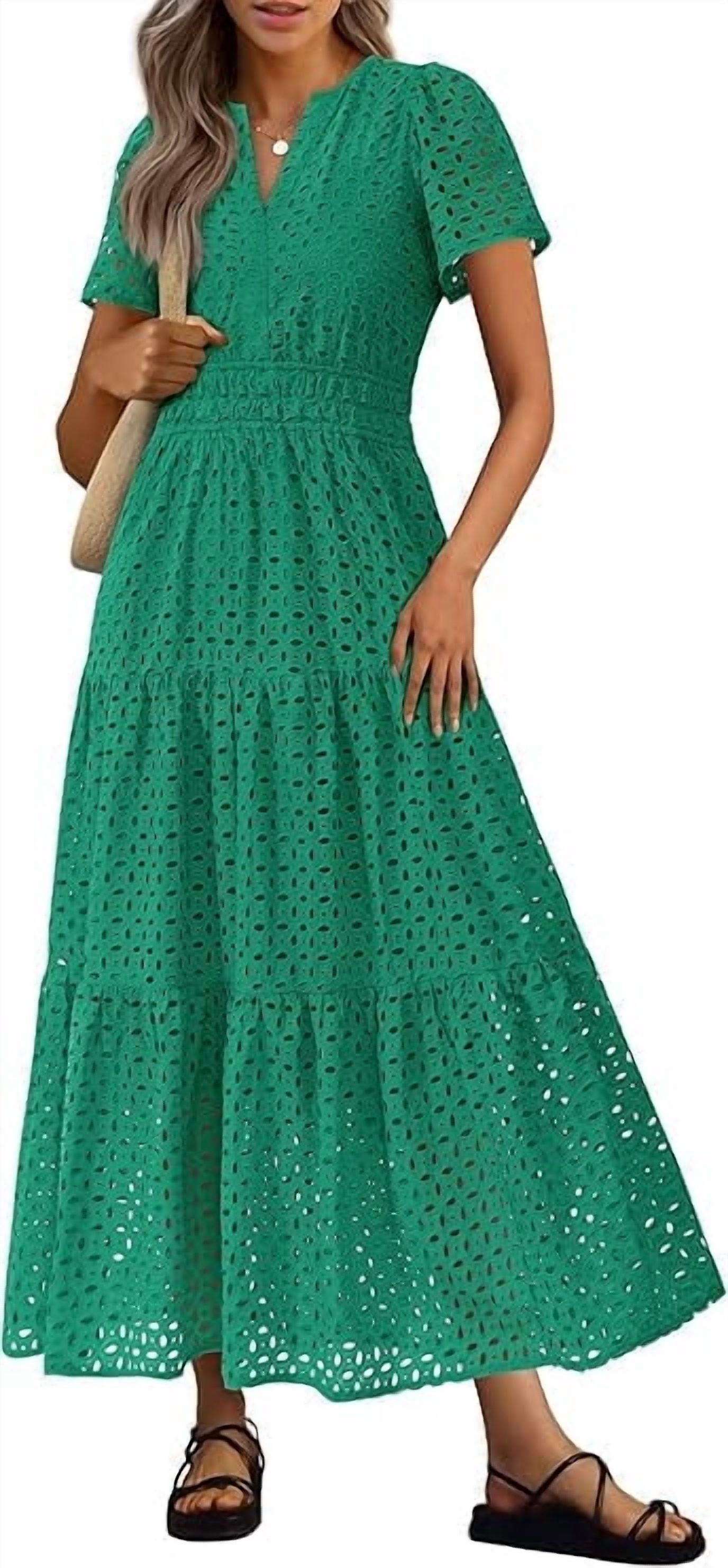 PRETTYGARDEN Womens Summer Maxi Dress Short Sleeve V Neck Hollow Out ...