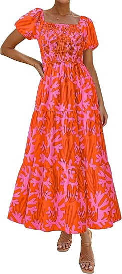 PRETTYGARDEN Womens Summer Puff Short Sleeve Maxi Dress Square Neck ...
