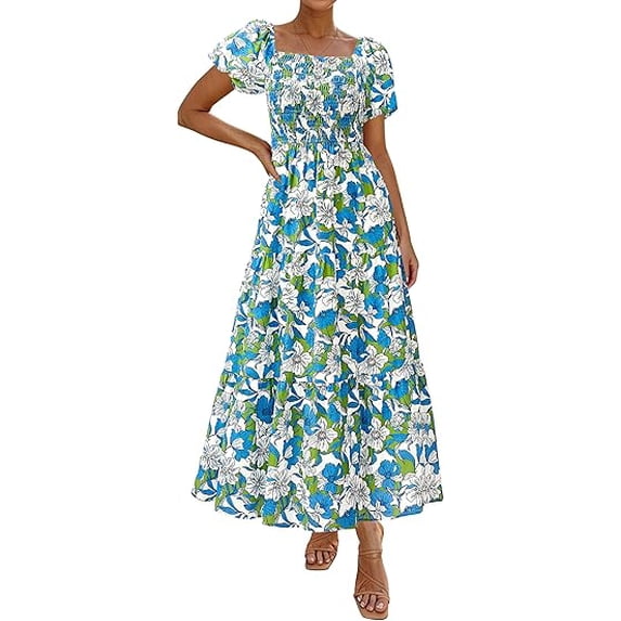 PRETTYGARDEN Womens Summer Puff Short Sleeve Maxi Dress Square Neck ...