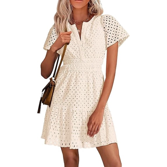 PRETTYGARDEN Womens Summer Short Dress, V Neck Ruffle, Hollow Out Lace ...
