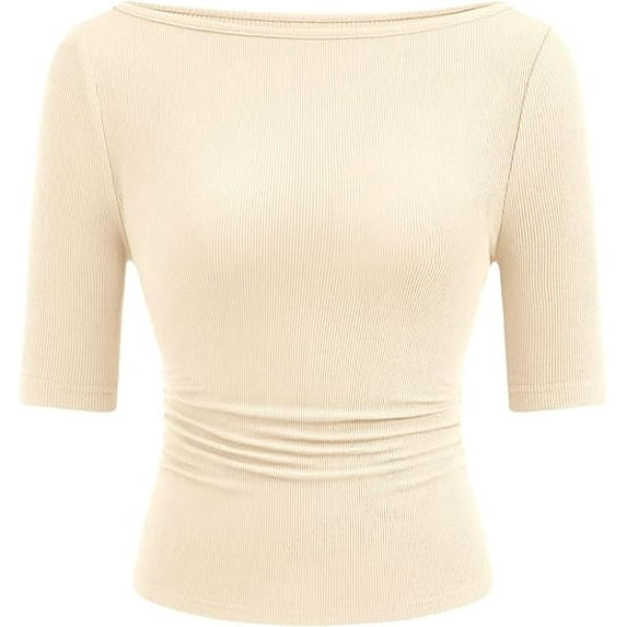 PRETTYGARDEN Womens Summer Short Sleeve Tops Boat Neck Ribbed Knit Slim ...